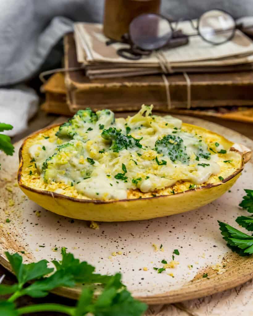 Easy Vegan Veggie Alfredo Stuffed Spaghetti Squash - Monkey and Me ...
