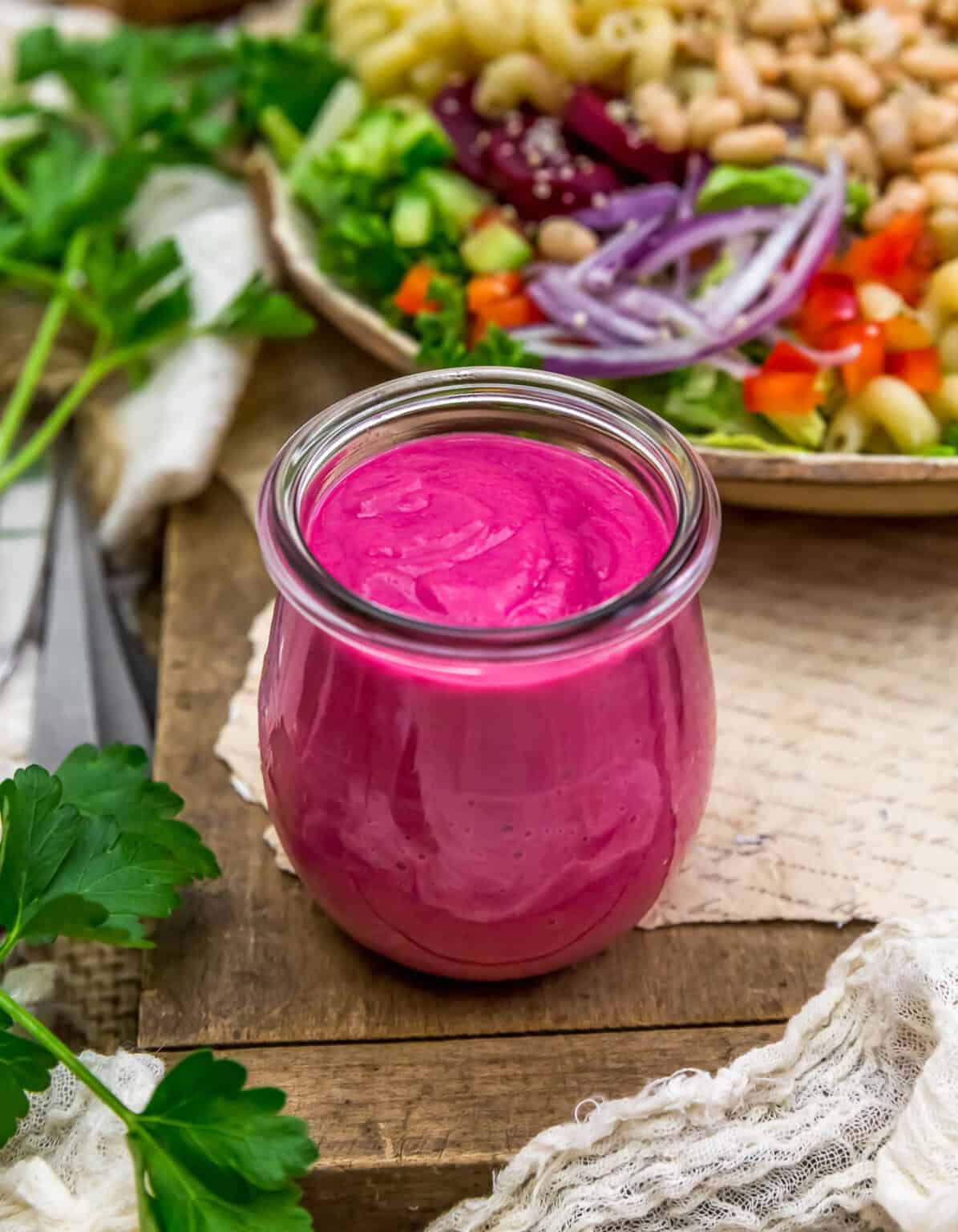Oil Free Beet Hummus Dressing - Monkey and Me Kitchen Adventures